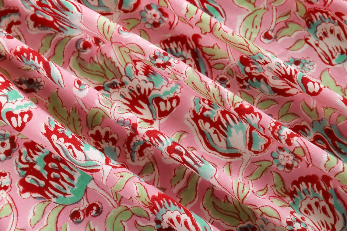 Pink Floral Print Cotton Fabric Block Print Fabric Indian | Etsy