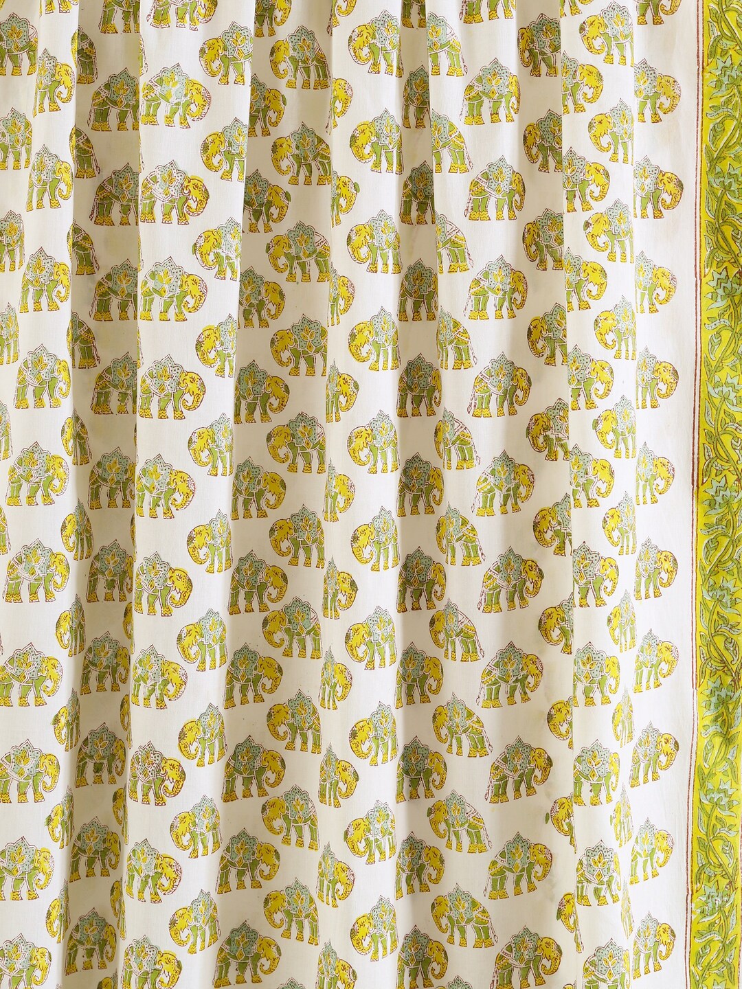 White Yellow Hand Block Print, Elephant Print, Soft Cotton Fabric ...