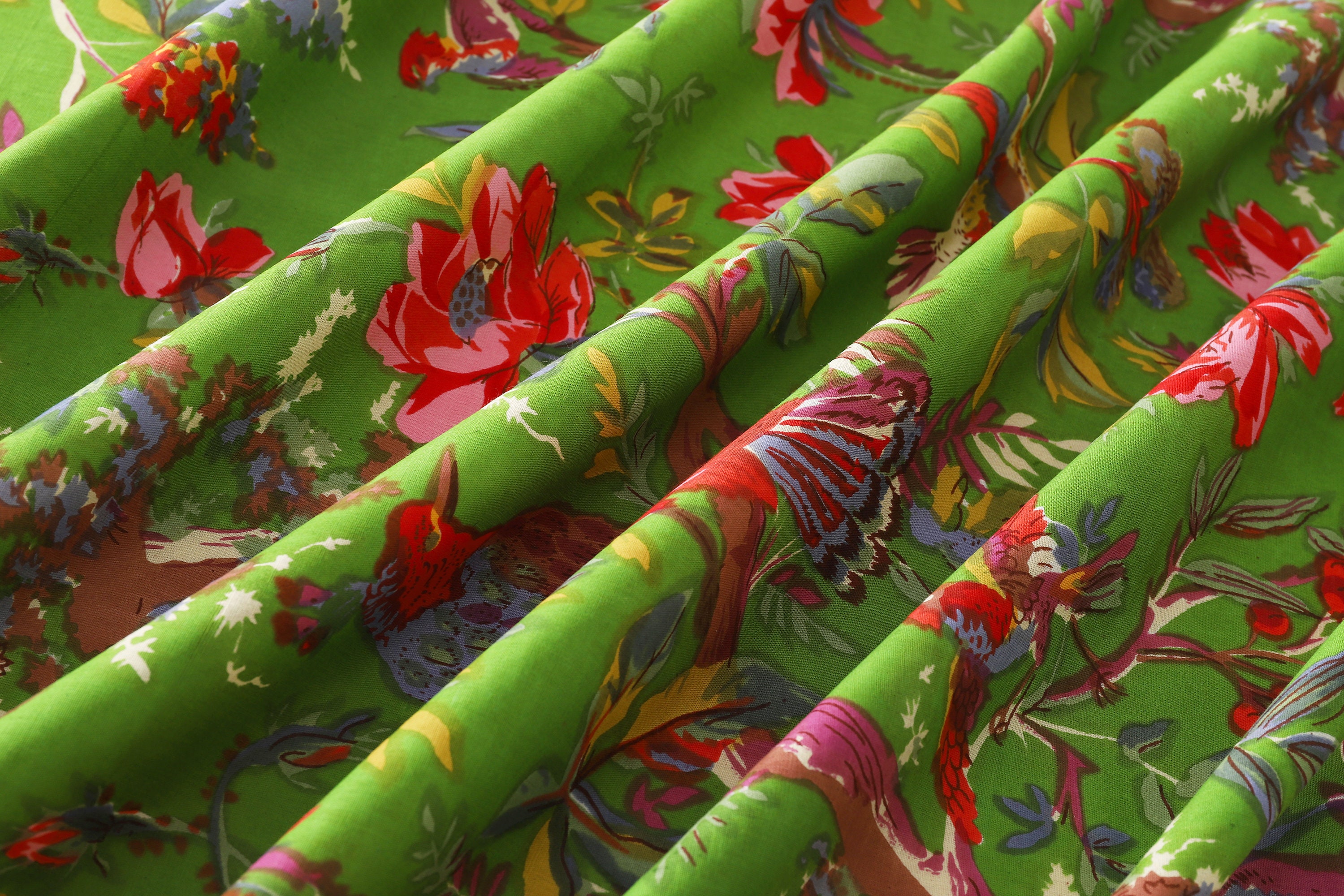 Green Bird Print Cotton Fabric, Sewing Kimono Fabric, Dressmaking ...