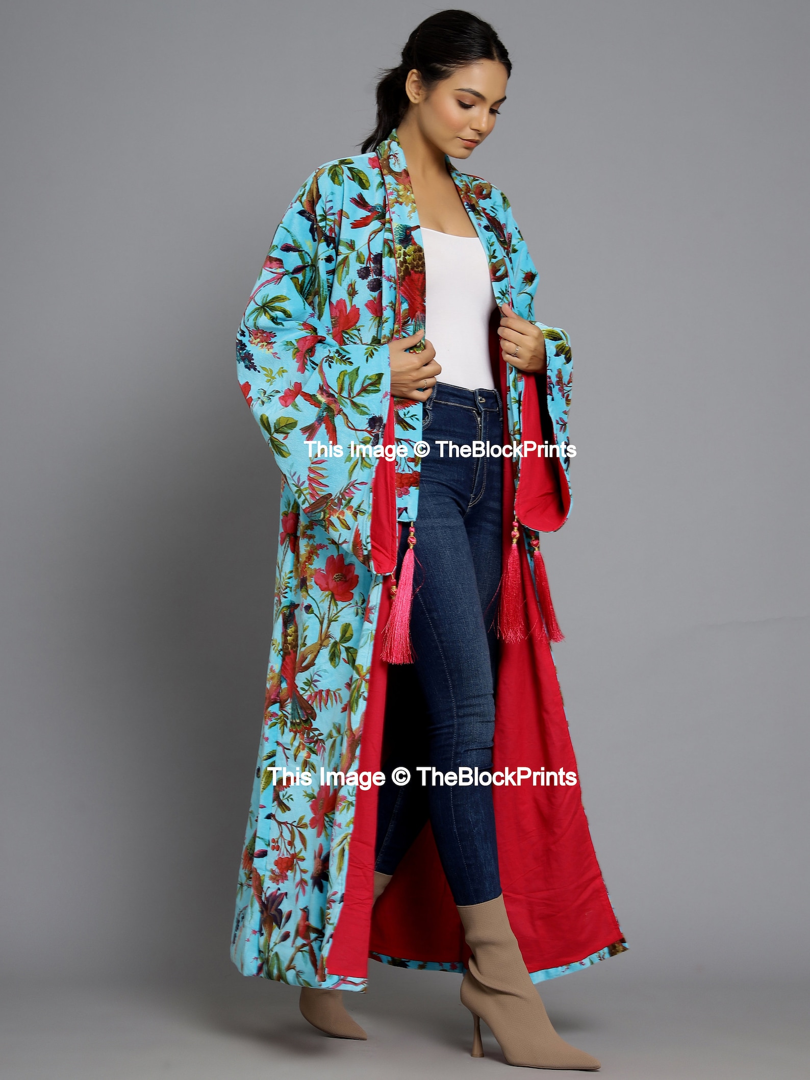 OFMD Turquoise Blue Bird Velvet Banyan Fabric Kimono Cotton Velvet Robe ...