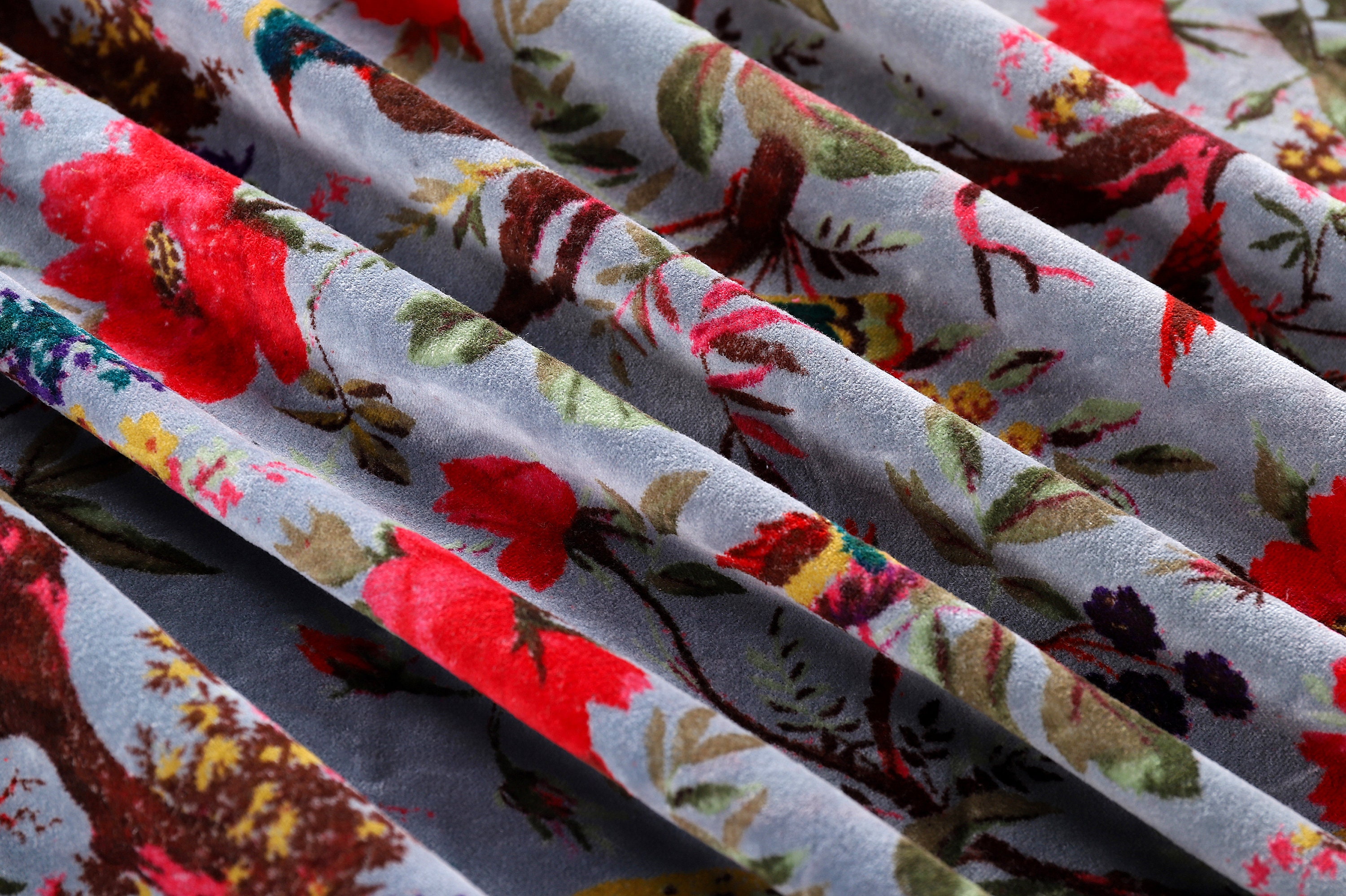 Printed Velvet Fabric Indian Fabric Floral GRAY BIRD Print Fabric ...