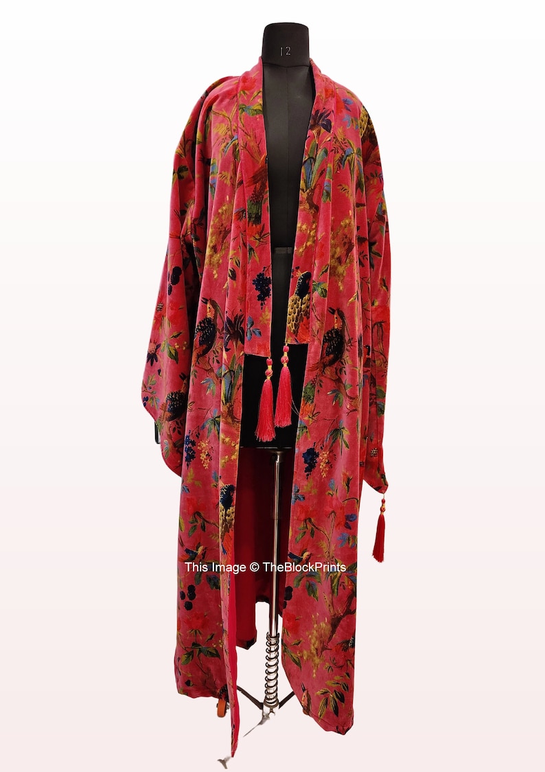 OFMD Pink Bird Velvet Banyan Fabric Kimono Cotton Velvet Robe - Etsy