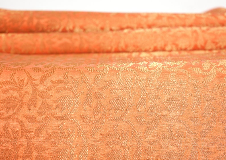 Indian Orange Brocade Fabric by the Yard Wedding Dress Banarasi Brocade ...