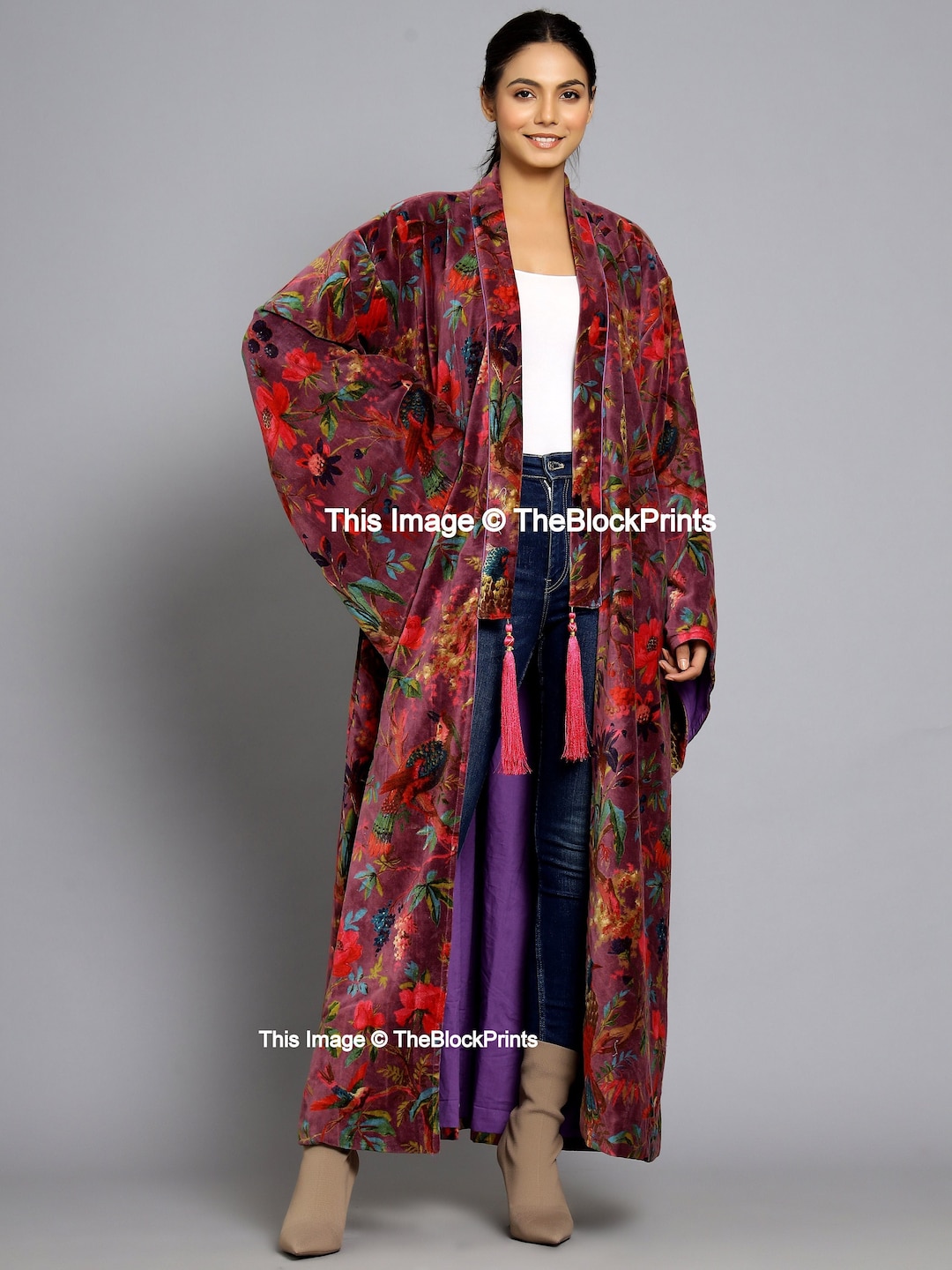 OFMD Violet Bird Velvet Banyan Fabric Kimono Cotton Velvet Robe Long ...