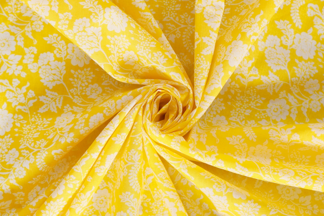 Yellow Floral Print Fabric, Block Print Fabric, Cotton Fabric, Dress ...