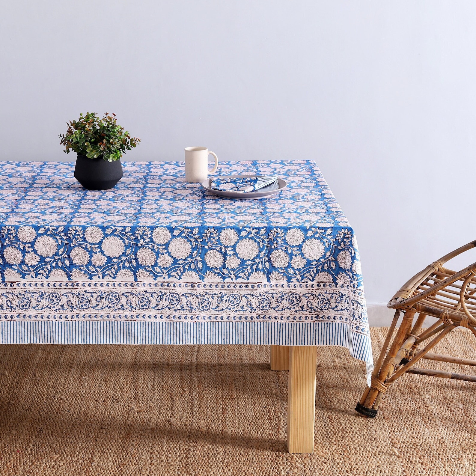 Blue and White Sun Flower Border Design Hand Block Print Tablecloth ...