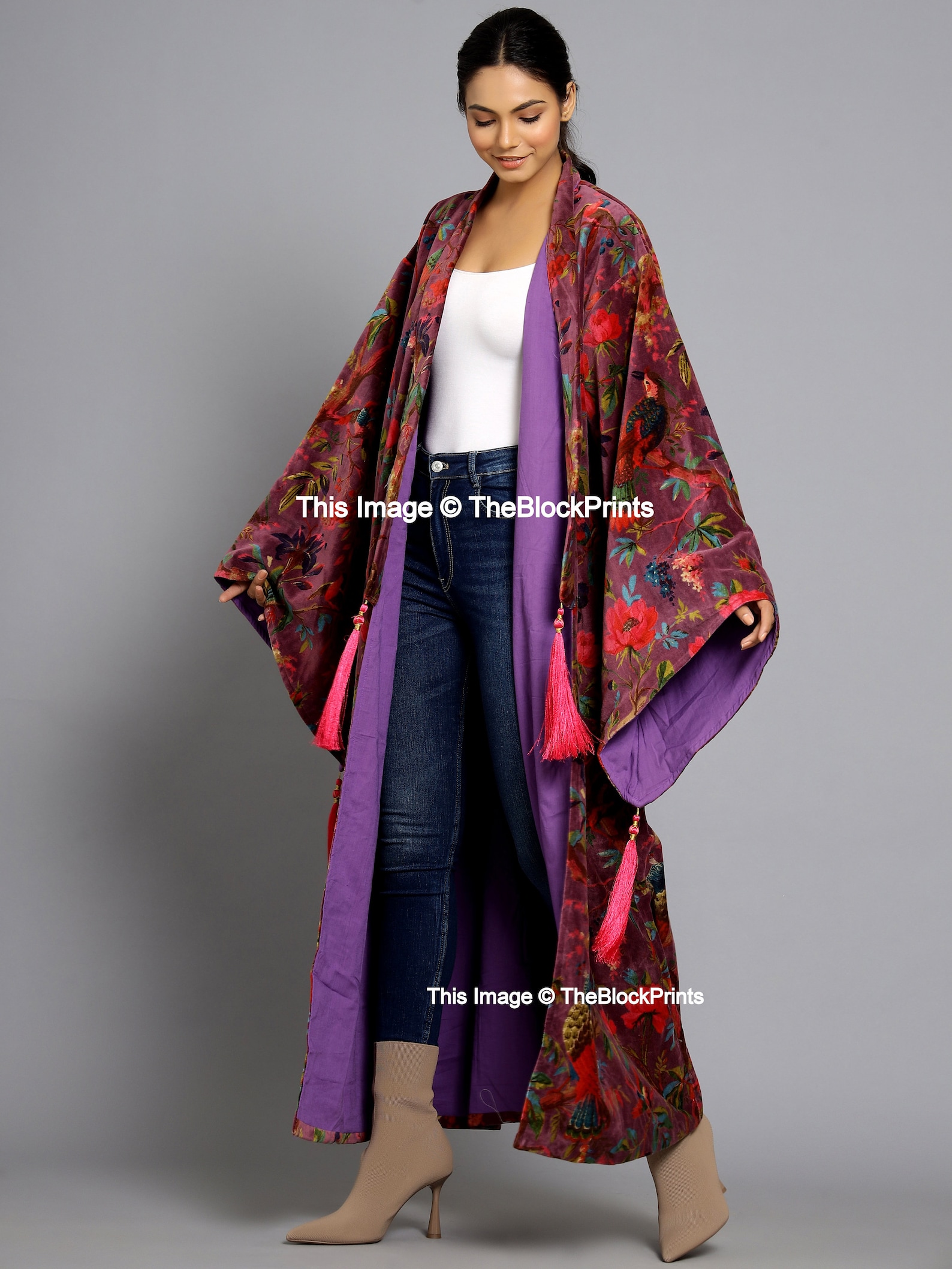 OFMD Violet Bird Velvet Banyan Fabric Kimono Cotton Velvet Robe Long ...