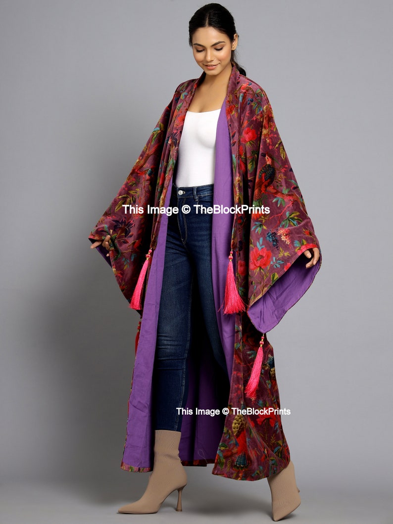 OFMD Violet Bird Velvet Banyan Fabric Kimono Cotton Velvet Robe Long ...