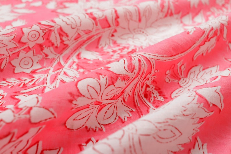Pink Floral Print Fabric Hand Block Print India Fabric Sold | Etsy