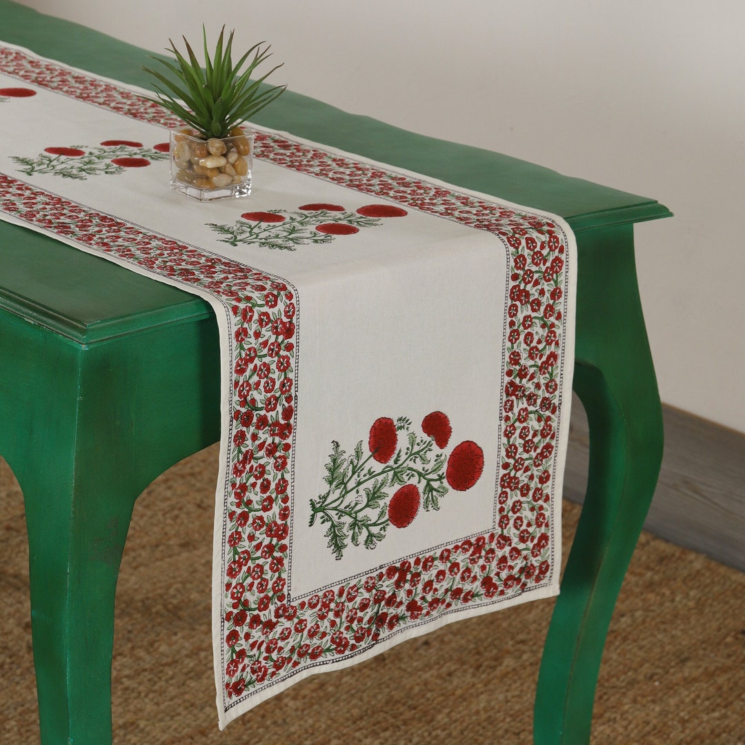 Red and White Poppy Flower Print Table Runner, Border Design Hand Block ...