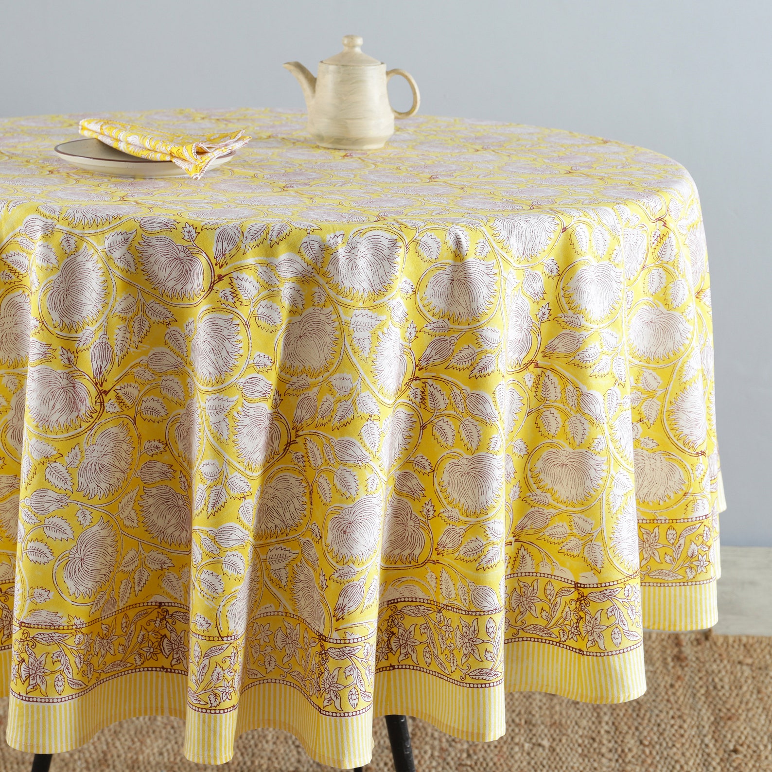 Yellow, White Cotton Lotus Flower Hand Block Printed Round Tablecloth ...