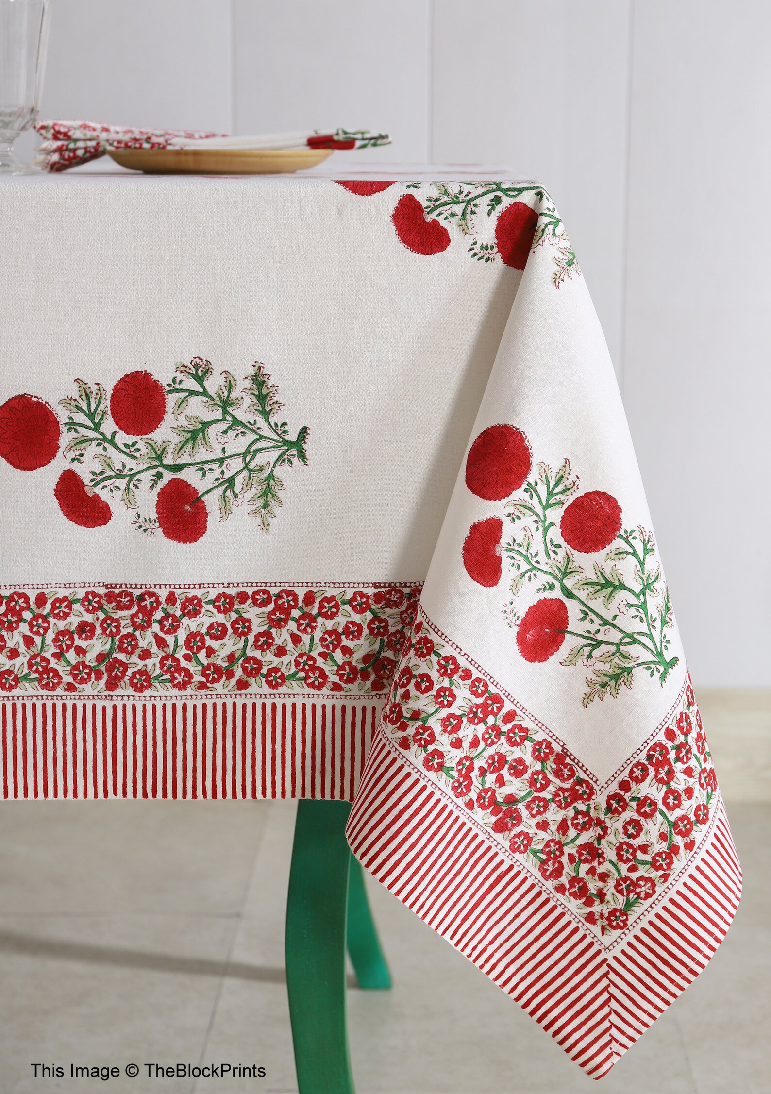 Indian Red Poppy Flower Block Print Tablecloth Cotton Table | Etsy