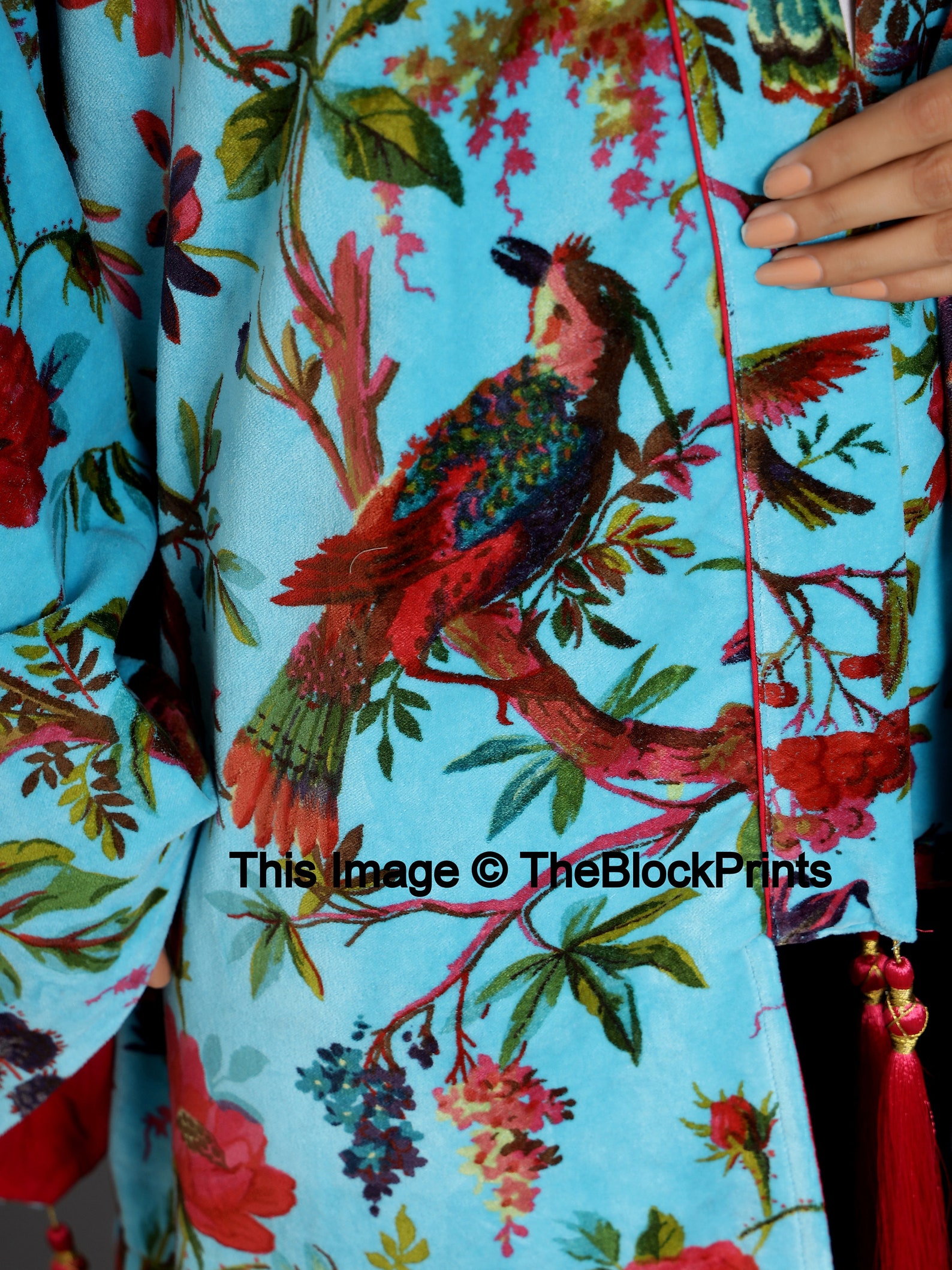 OFMD Turquoise Blue Bird Velvet Banyan Fabric Kimono Cotton Velvet Robe ...