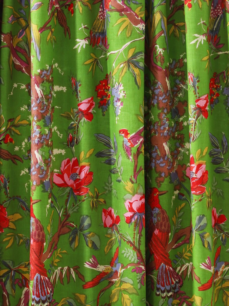 Green Bird Print Cotton Fabric, Sewing Kimono Fabric, Dressmaking ...