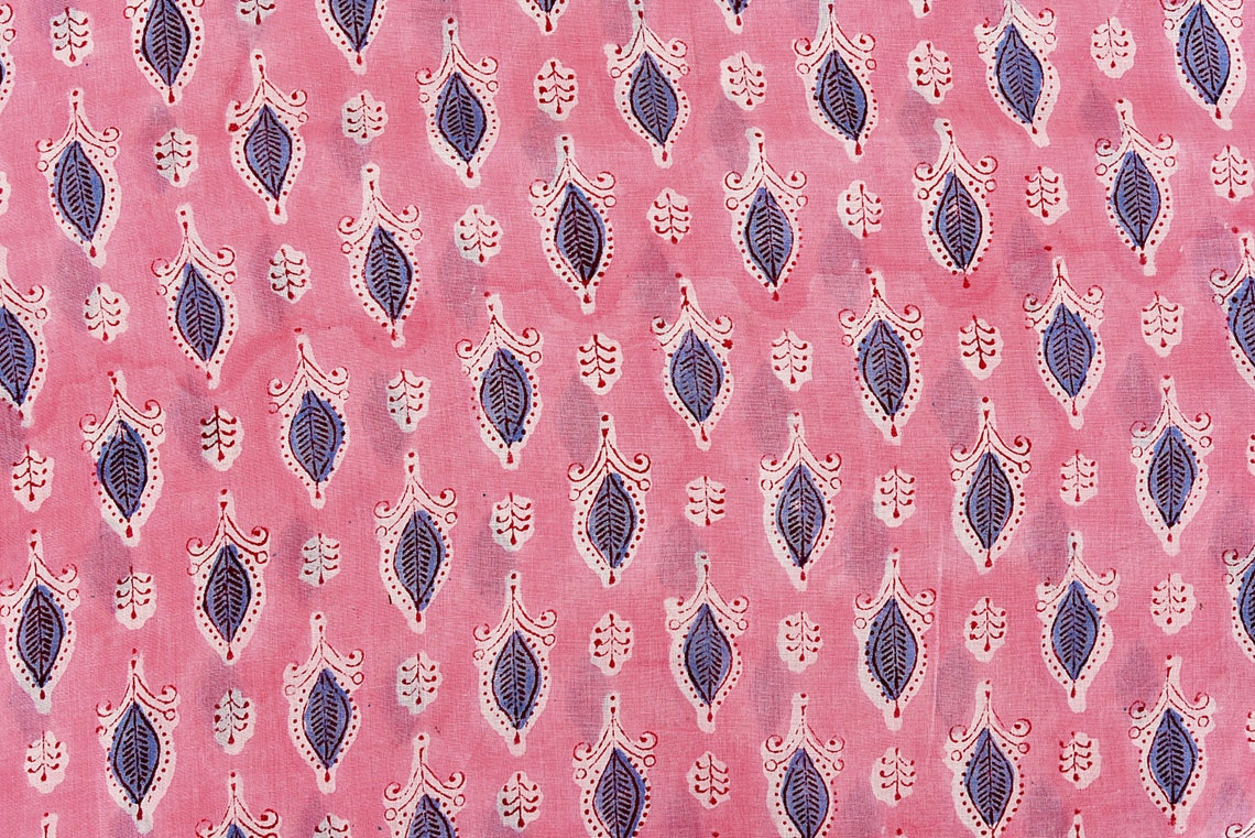 Pink and Blue Leafs Pattern Indian Block Print Fabric by the Yard - Etsy