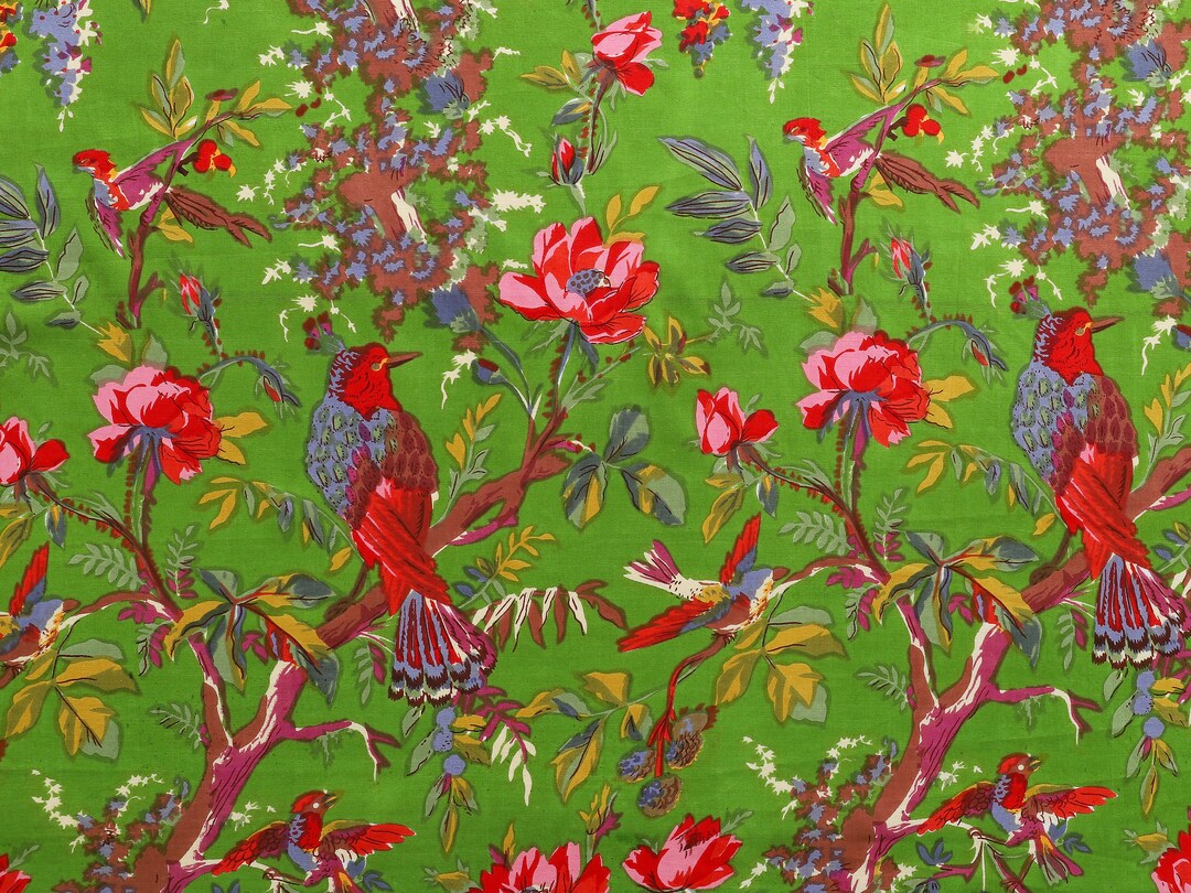 Green Bird Print Cotton Fabric, Sewing Kimono Fabric, Dressmaking ...