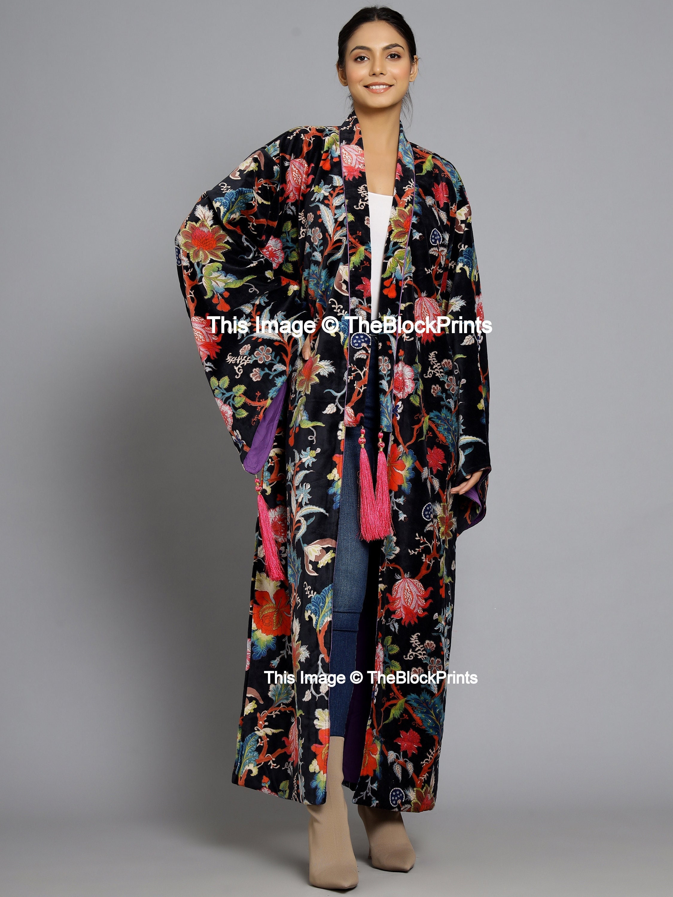 Black Floral Velvet Banyan Fabric Kimono Cotton Velvet Robe - Etsy