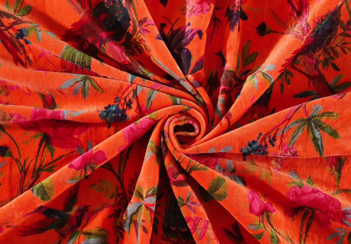 Printed Velvet Fabric Indian Fabric Floral ORANGE BIRD Print Fabric ...