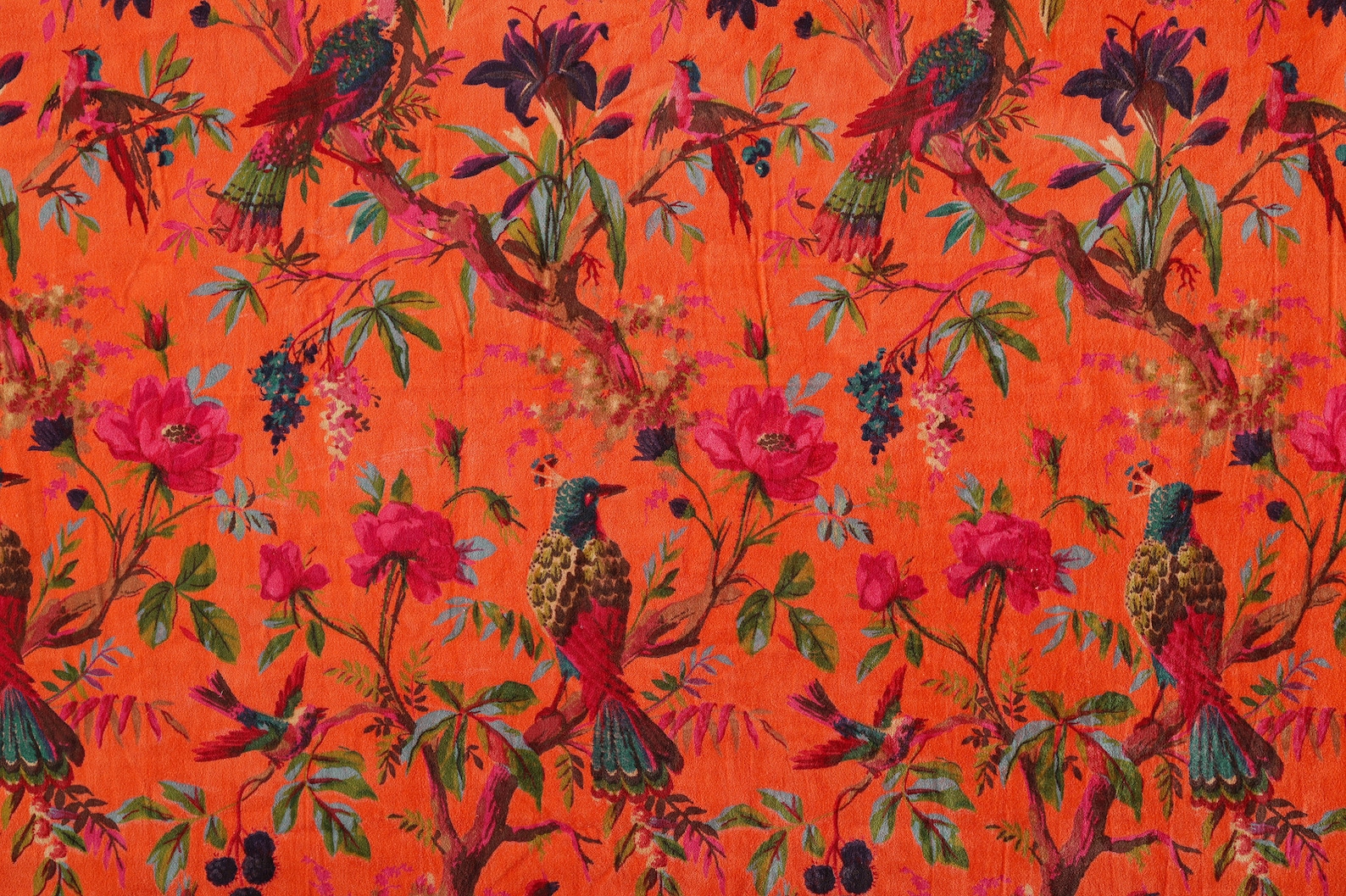 Printed Velvet Fabric Indian Fabric Floral ORANGE BIRD Print Fabric ...