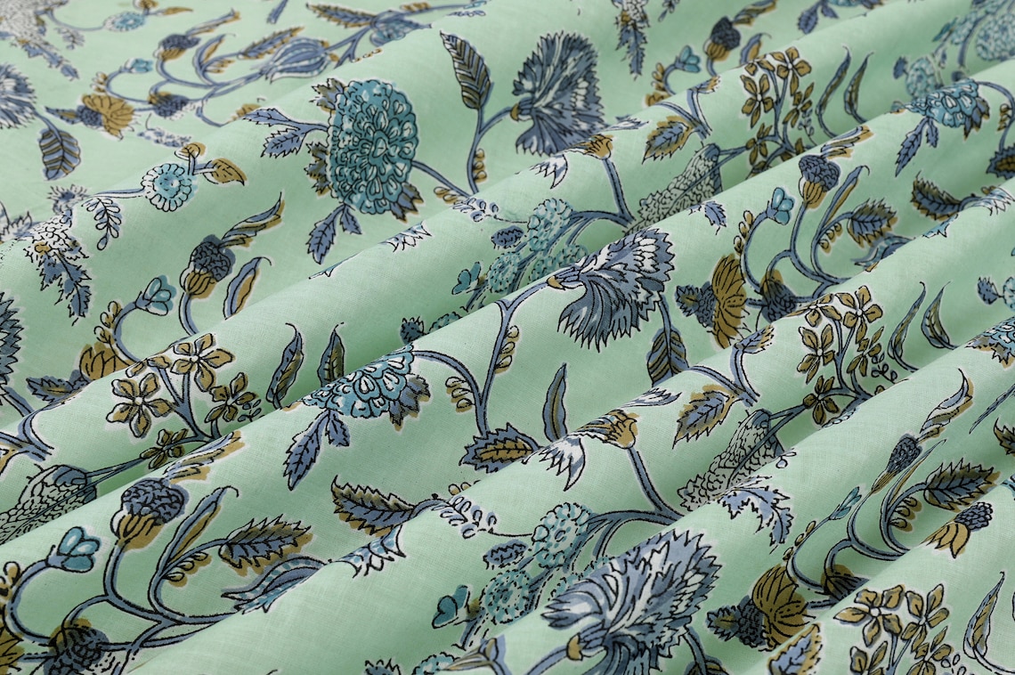 5 Yard Green Soft Cotton Fabric Floral Block Print Soft Cotton Fabric ...