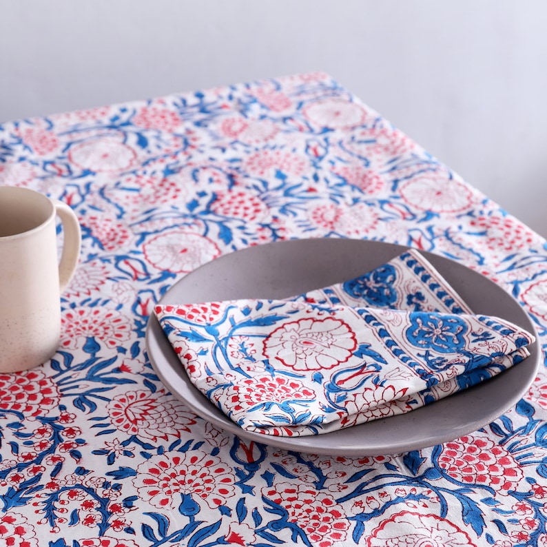 Blue,red and White Floral Border Design Hand Block Print Tablecloth ...