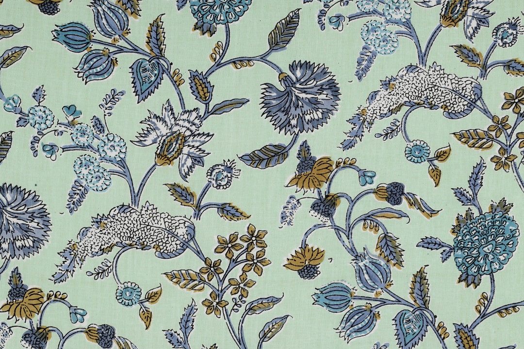 5 Yard Green Soft Cotton Fabric Floral Block Print Soft Cotton Fabric ...