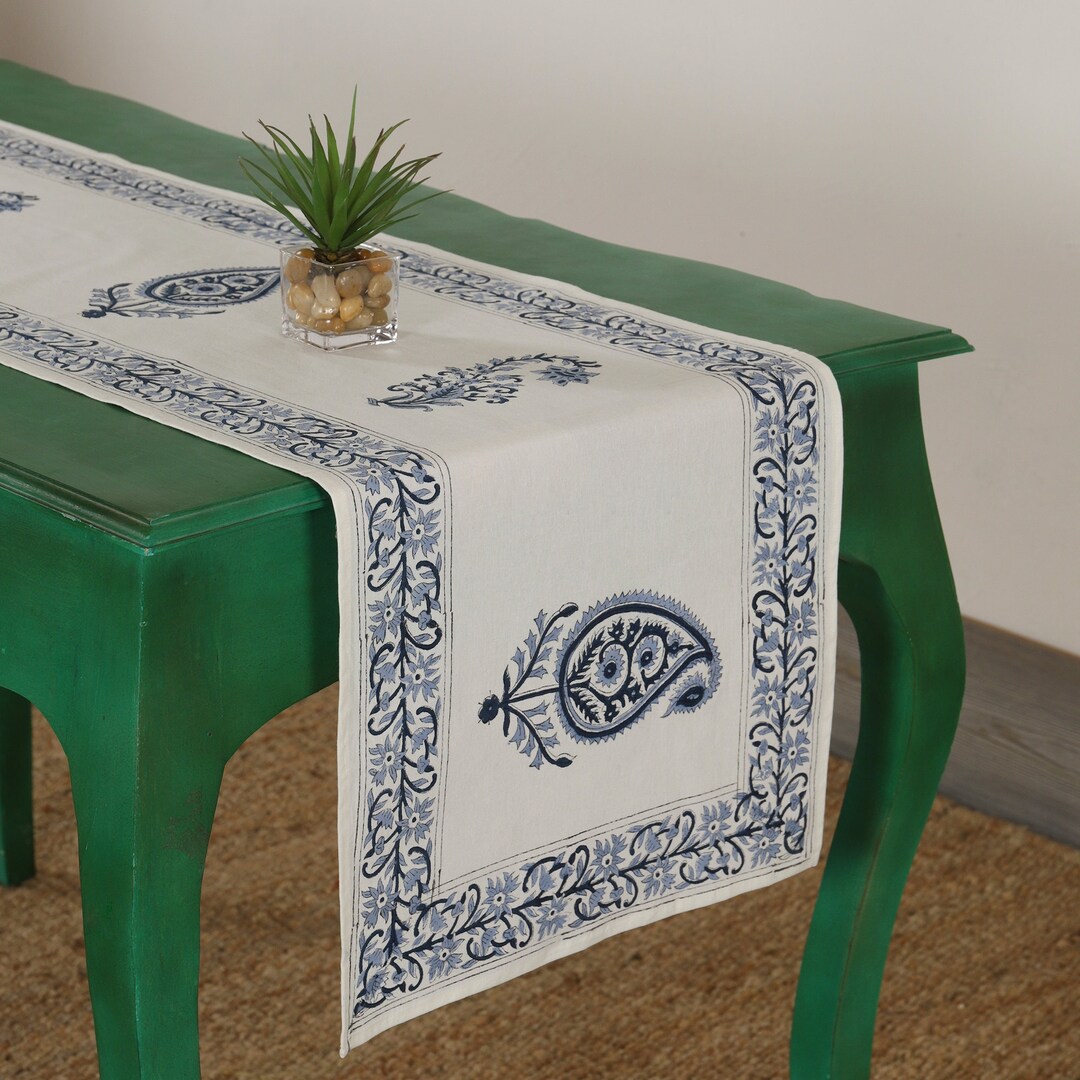 White and Blue Paisley Print Table Runner, Border Design Hand Block ...