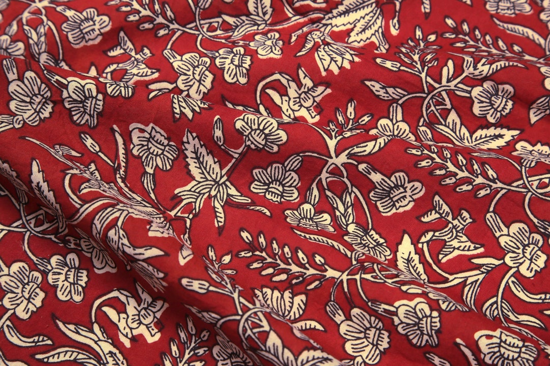 Red Block Print Fabric, Hand Block Print Cotton Fabric, Indian Fabric ...