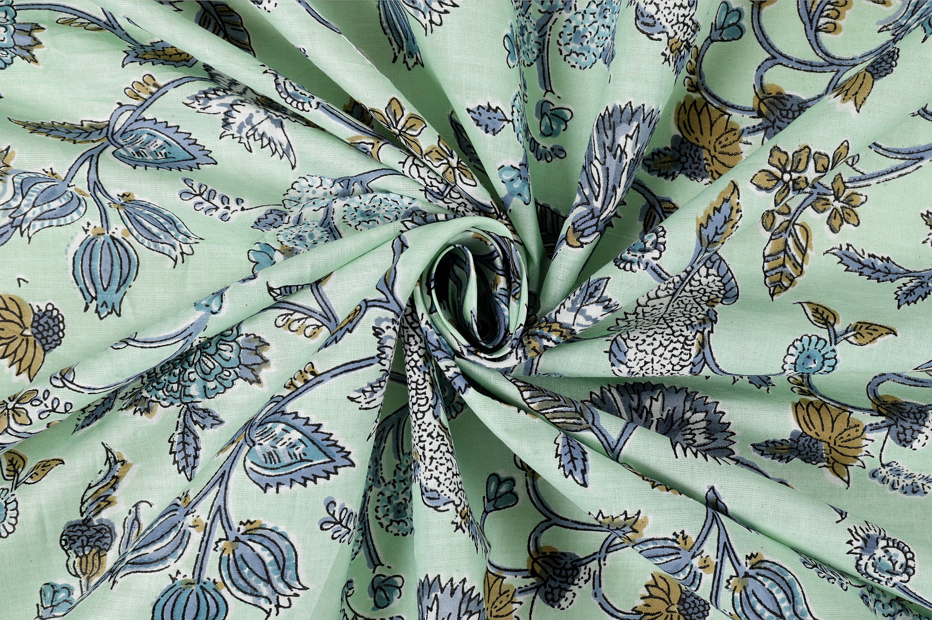 5 Yard Green Soft Cotton Fabric Floral Block Print Soft Cotton Fabric ...