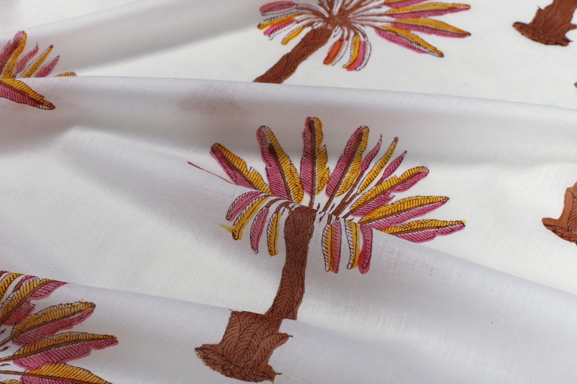Beautiful Hand Block Print Fabric, Palm Tree Print Cotton Fabric, Block ...