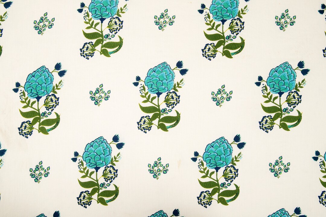Marigold Flower Print Fabric, Indian Cotton Fabric, Block Print Aqua ...