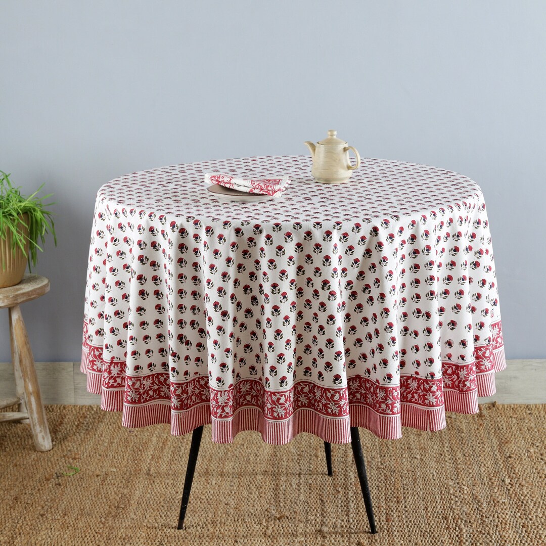 White Red, Round Tablecloth, India Hand Block Print Tablecloth, Floral ...