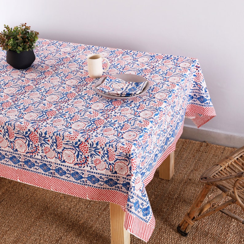 Blue,red and White Floral Border Design Hand Block Print Tablecloth ...
