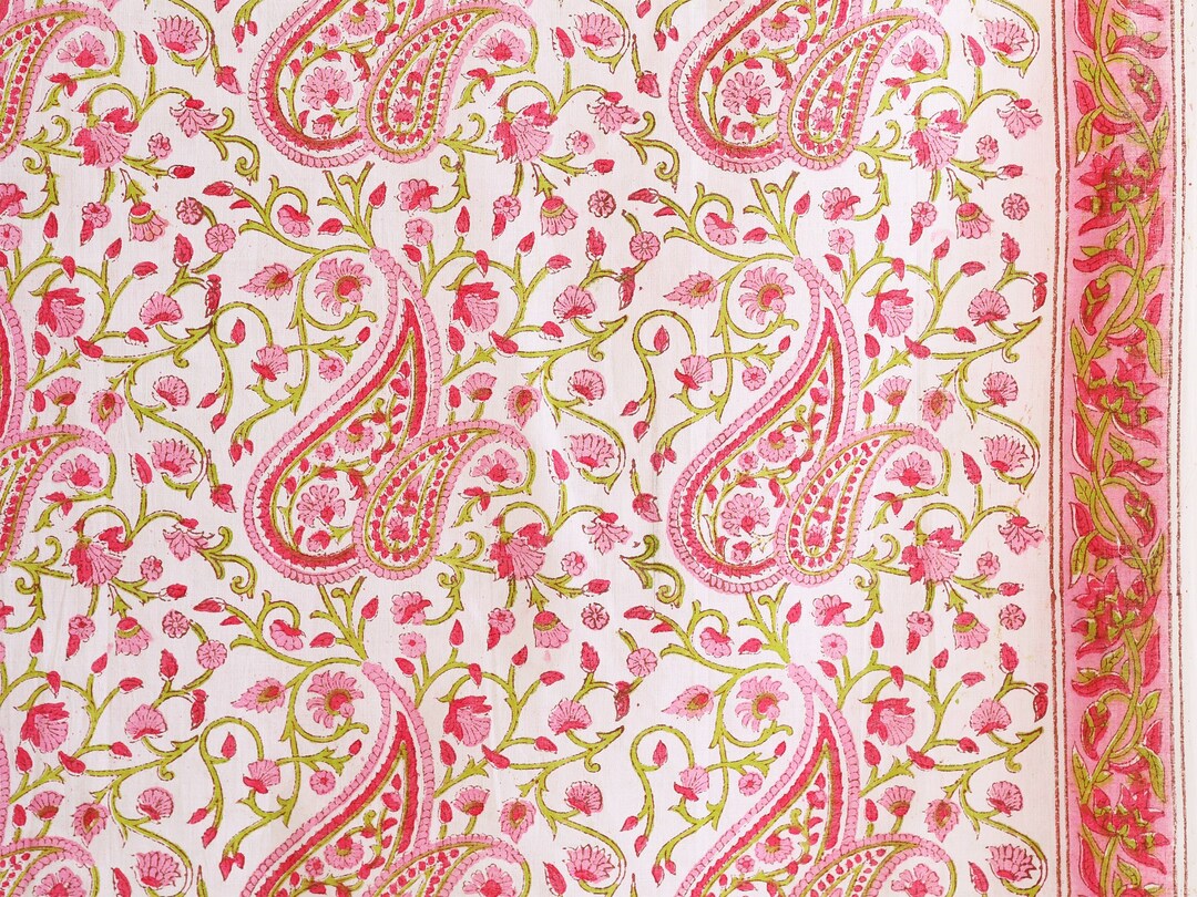 White and Pink Indian Paisley Print Hand Block Printed 100% Pure Cotton ...