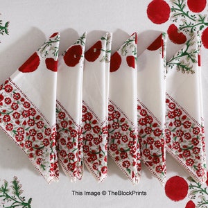 Red and Green, Poppy Flower Cloth Napkins, Hand Block Printed Cotton ...