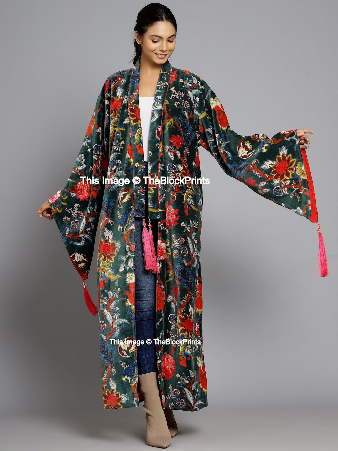 OFMD Green Velvet Banyan Fabric Kimono Cotton Velvet Robe Long ...