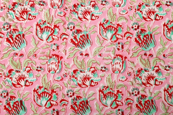 Pink Floral Print Cotton Fabric Block Print Fabric Indian | Etsy