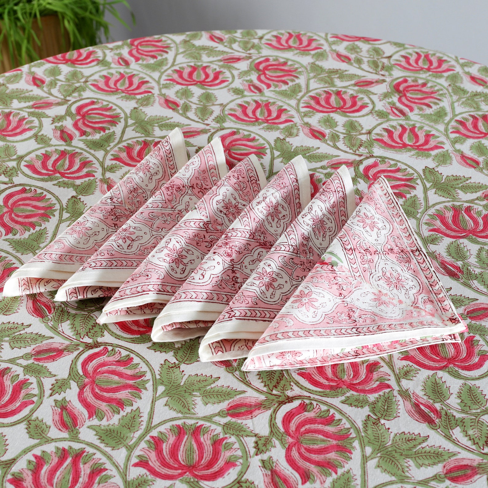 Pink Green Red Lotus Flower Hand Block Printed 100% Pure Cotton Round ...