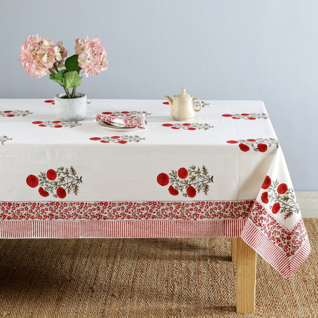 Indian Red Poppy Flower Block Print Tablecloth Cotton Table Cover Table ...