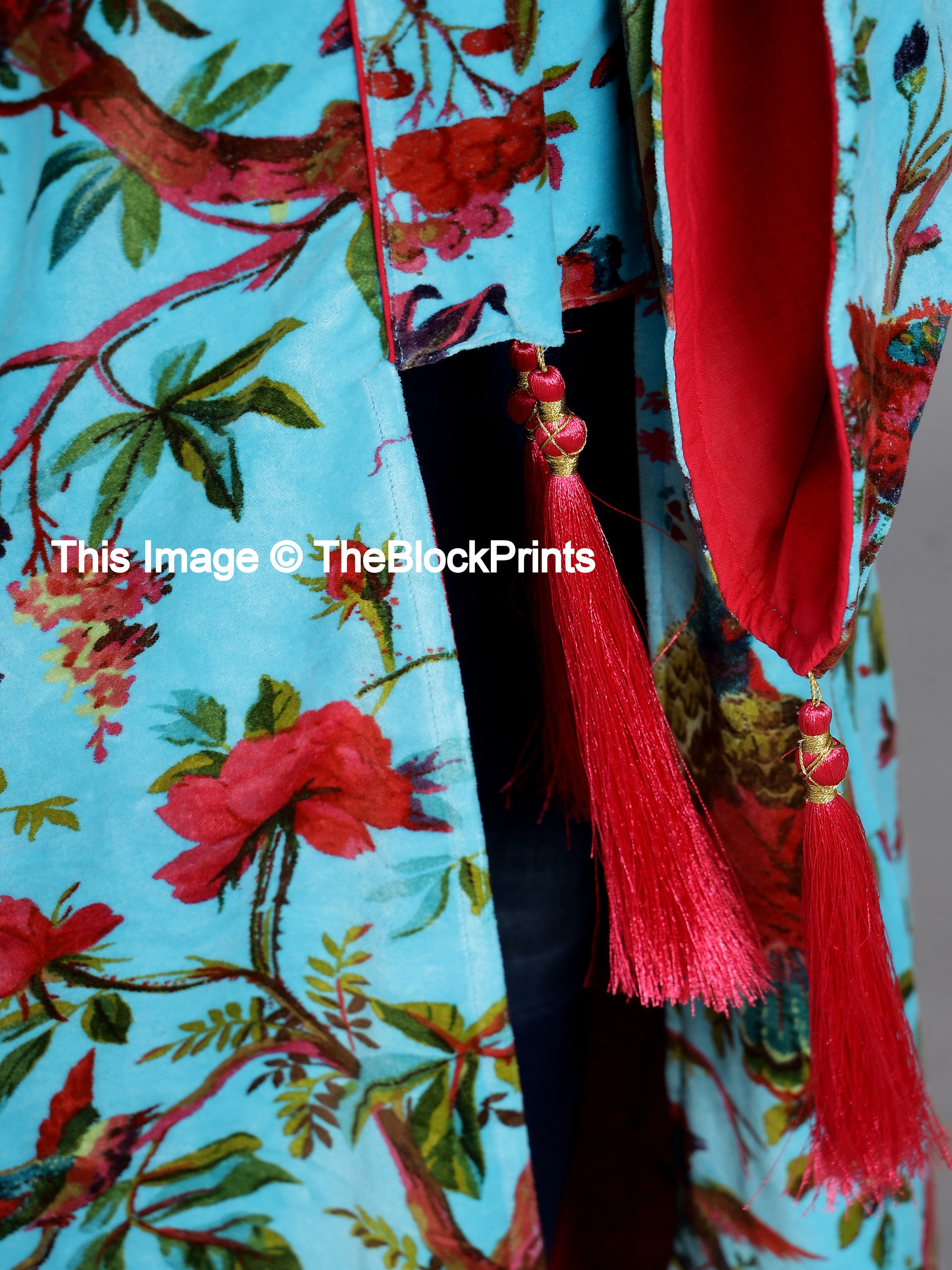 OFMD Turquoise Blue Bird Velvet Banyan Fabric Kimono Cotton Velvet Robe ...