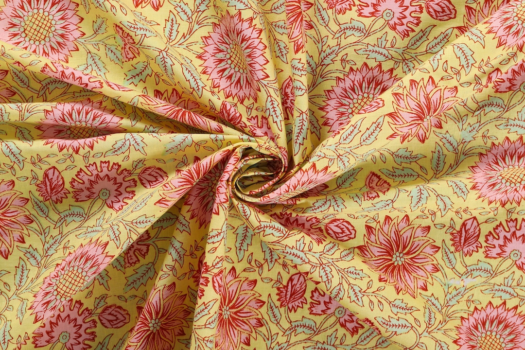Beautiful Yellow Red Hand Block Printed Floral Fabric, Cotton Fabric ...