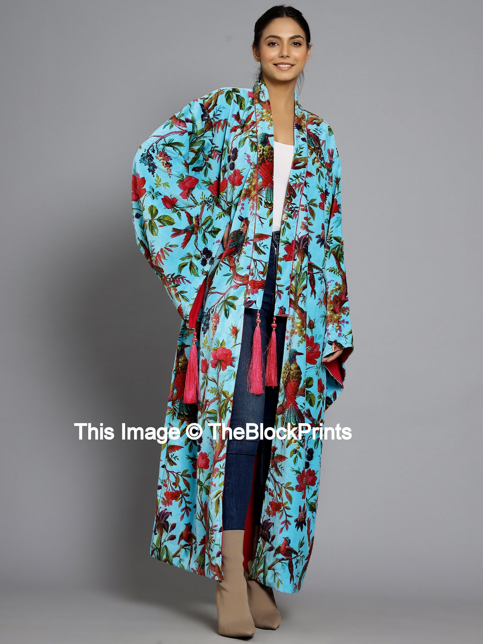 OFMD Turquoise Blue Bird Velvet Banyan Fabric Kimono Cotton Velvet Robe ...