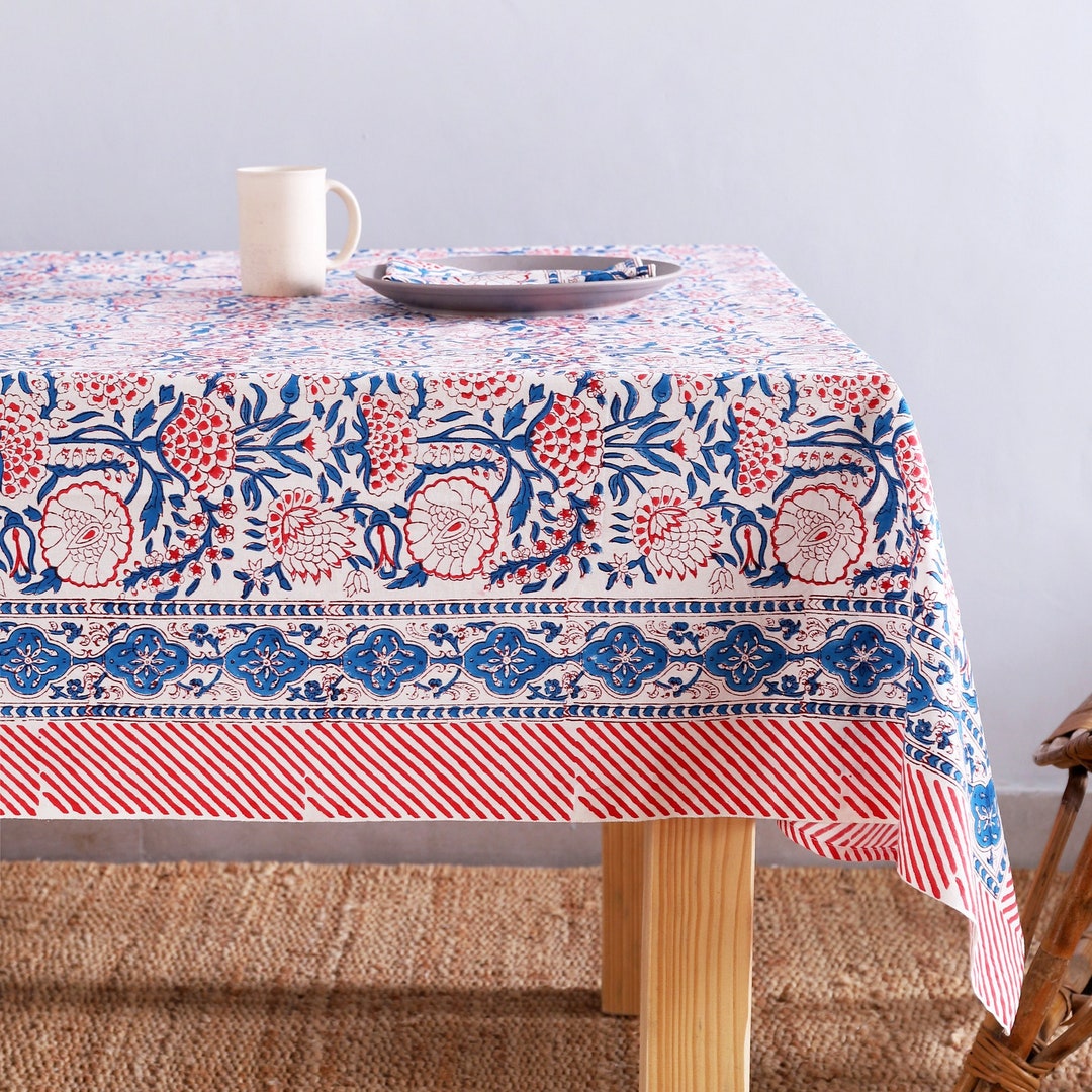 Blue,red and White Floral Border Design Hand Block Print Tablecloth ...