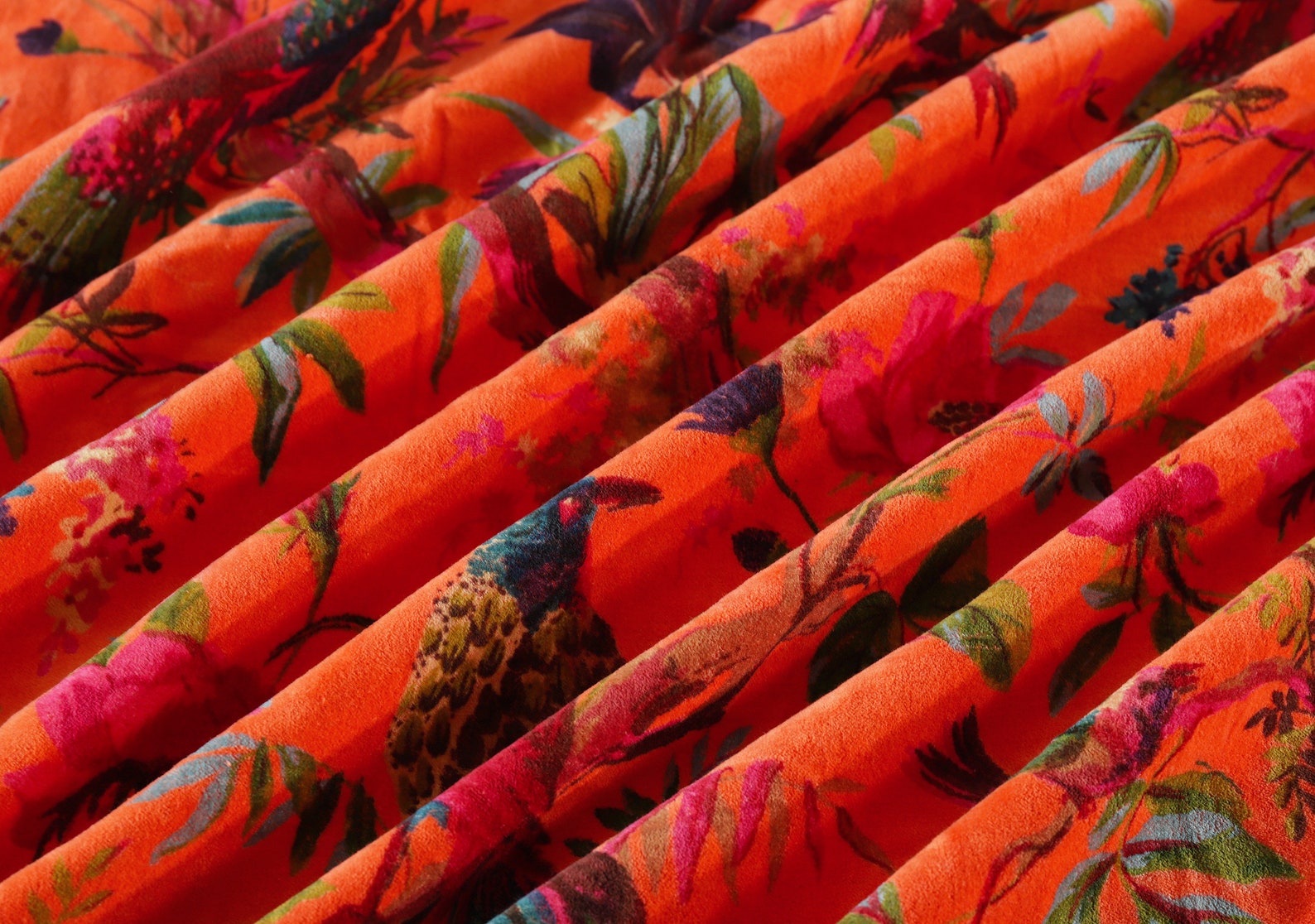 Printed Velvet Fabric Indian Fabric Floral ORANGE BIRD Print Fabric ...