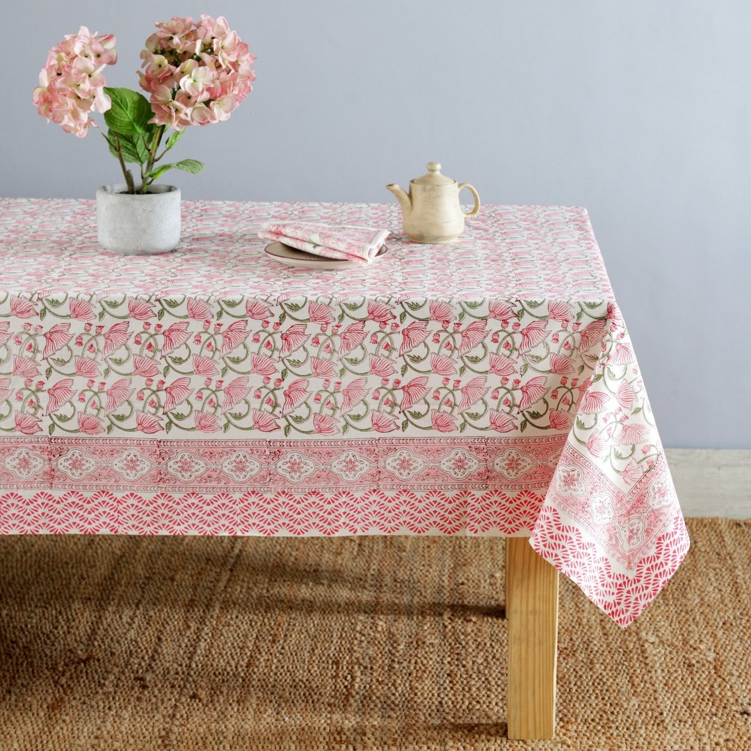 Green and Flamingo Pink on White Flower Design Hand Block Print Table ...
