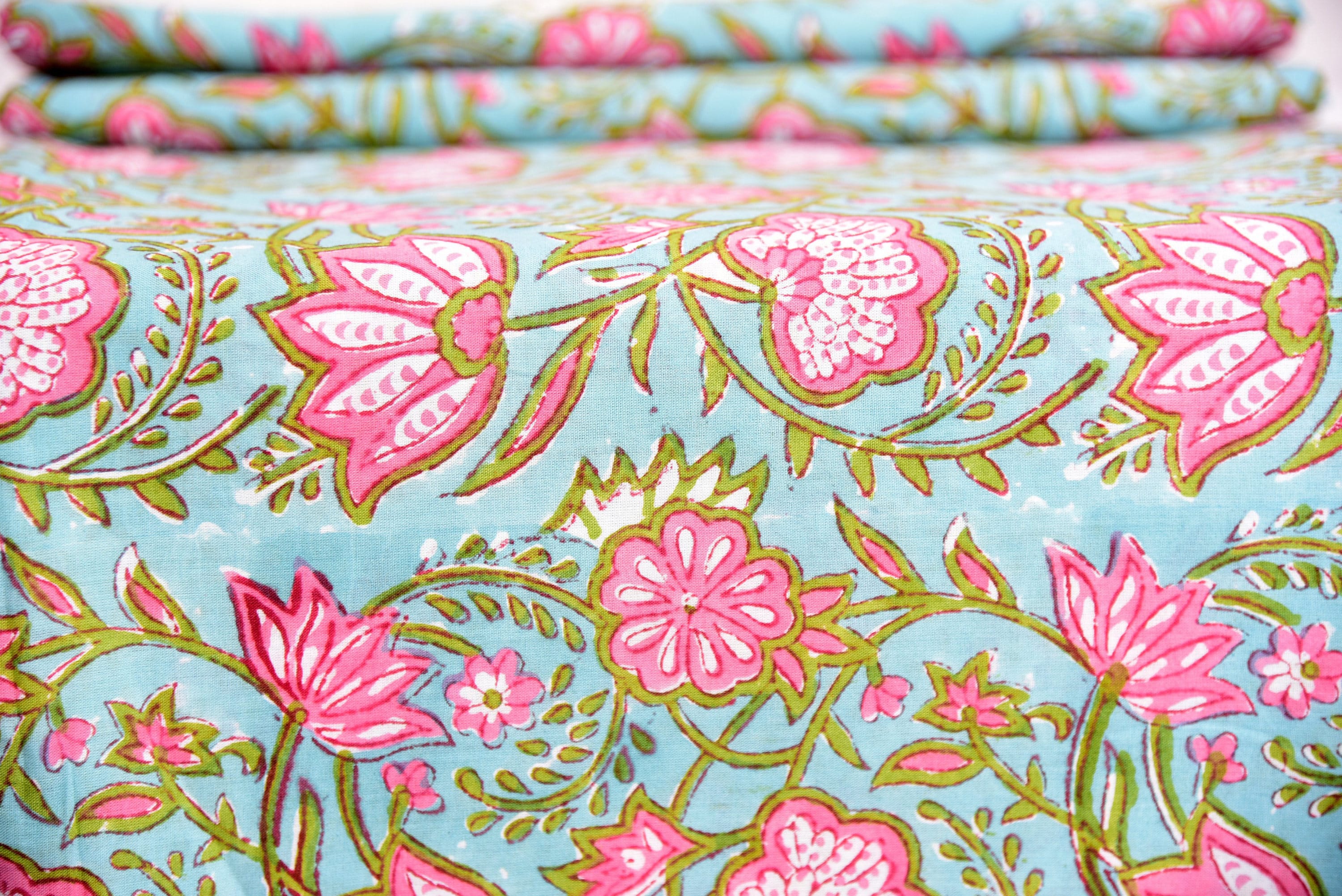 Green Floral Print Block Print Fabric Cotton Fabric Vegetable Dyes ...