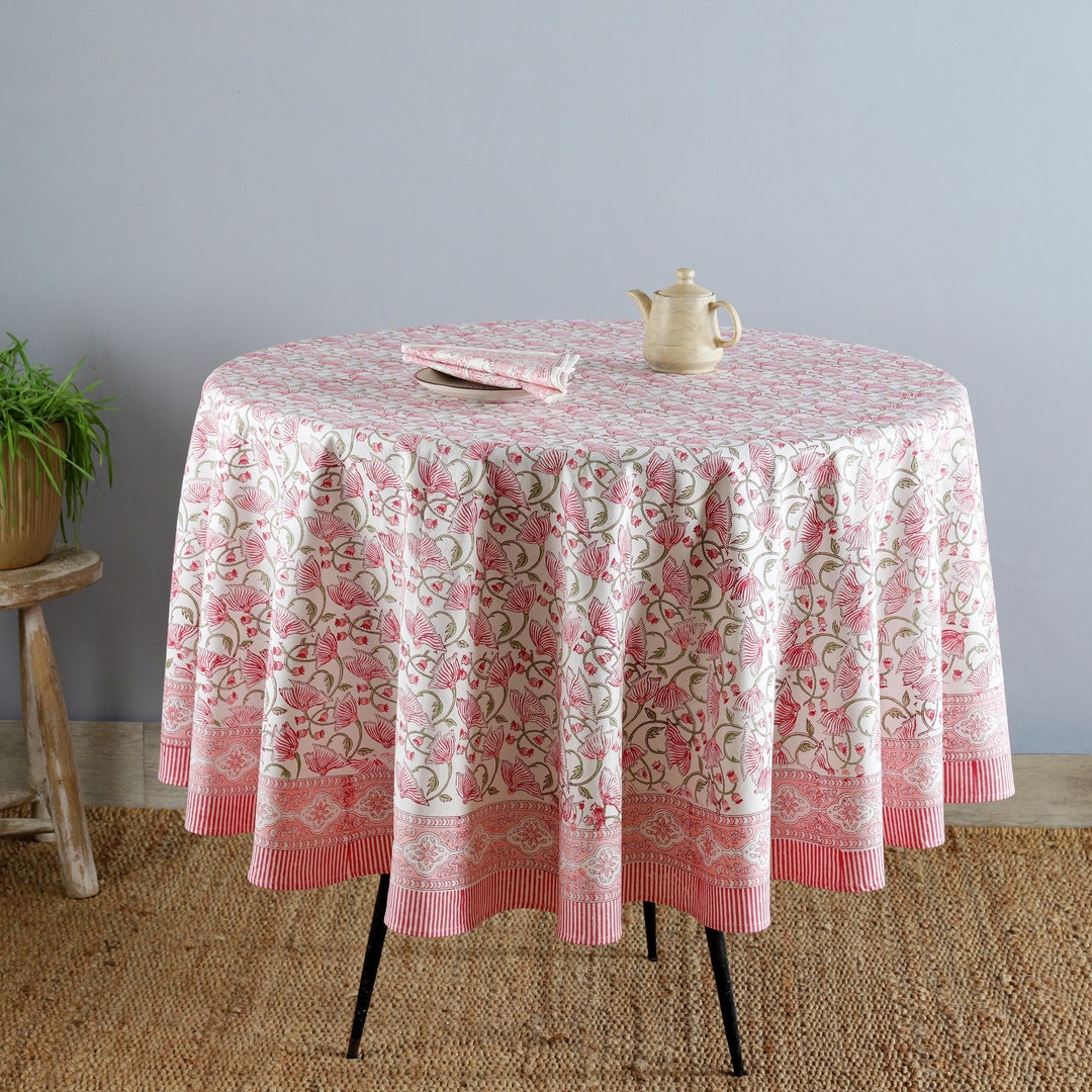 Floral Round Tablecloth, Indian Block Printed Round Table Cover, 90 ...