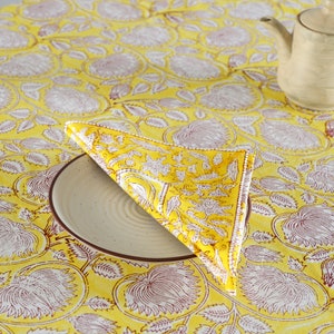 Yellow, White Cotton Lotus Flower Hand Block Printed Round Tablecloth ...