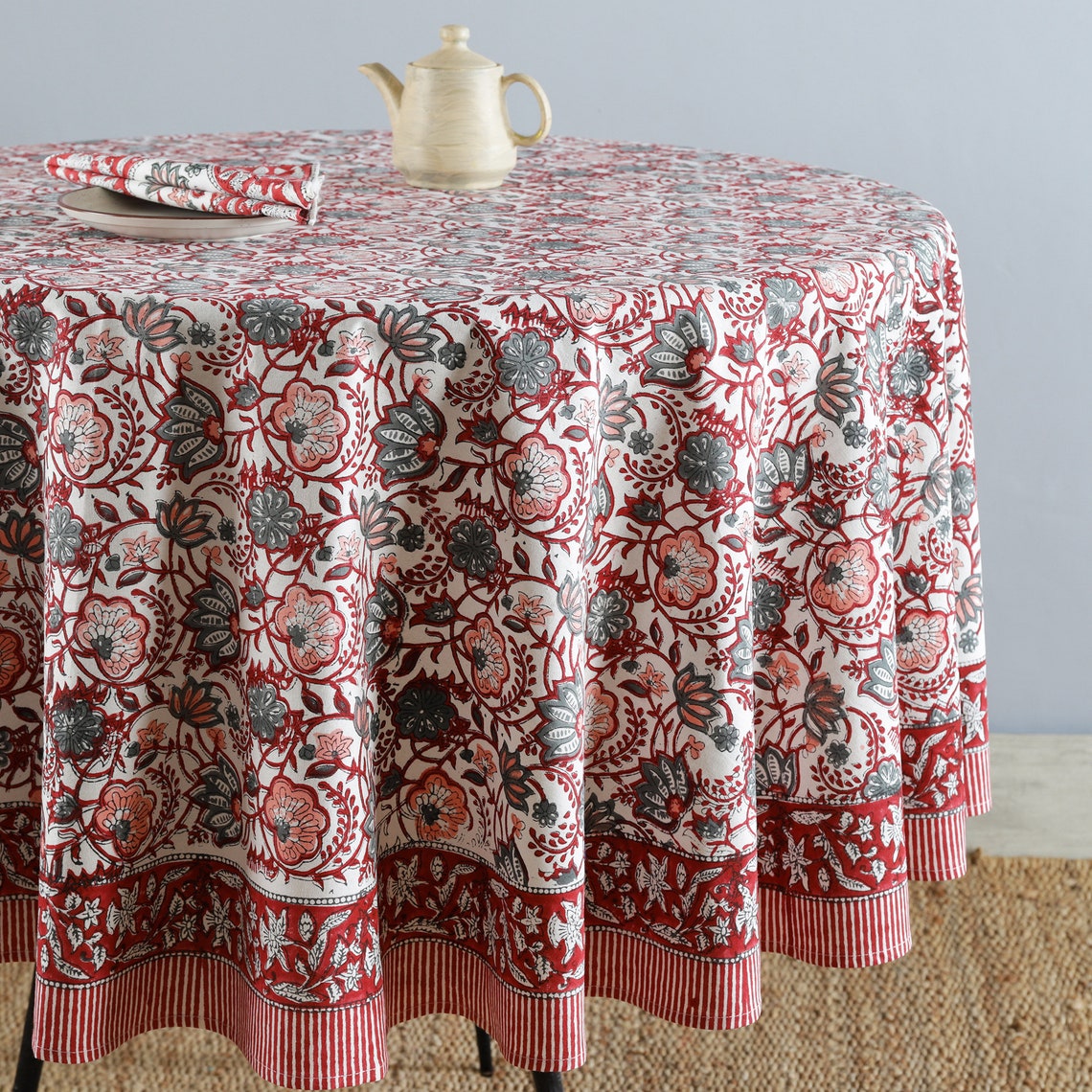 Lotus Flower Table Cloth Indian Block Print Round Table Cover ...