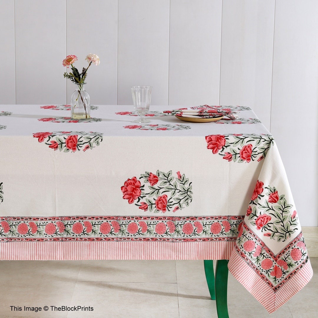 White Indian Block Print Tablecloth Floral Cotton Table - Etsy